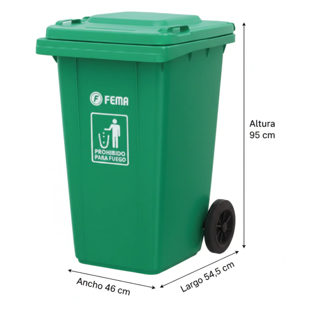 Tacho Contenedor Basura 120 L Fema Con Ruedas Y Tapa Verde